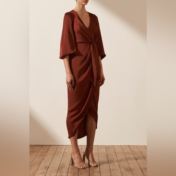 Shona Joy | Dresses | Shona Joy Luxe Tie Front Balloon Sleeve Midi ...